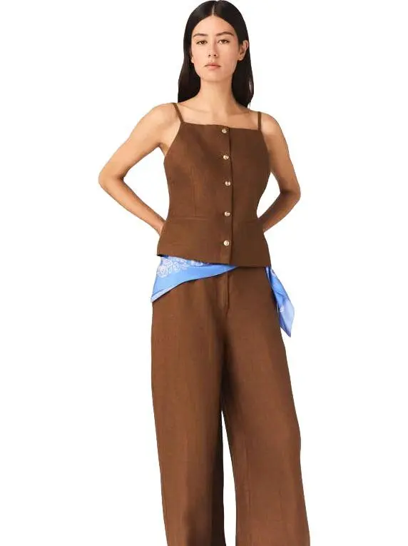 Maje Linen Blend Waistcoat Top With Square Neckline And Gold-tone Buttons - Brown