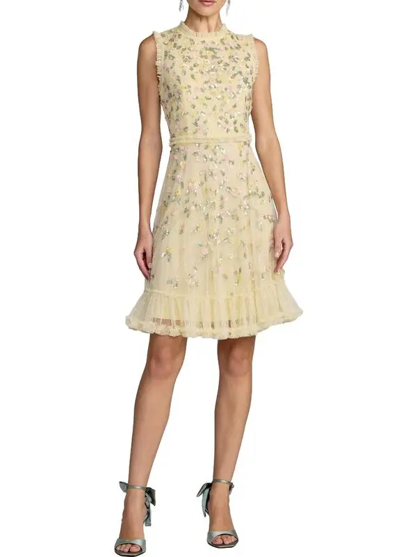 Mac Duggal Sleeveless Floral Beaded Tulle Mini Dress - Lemon