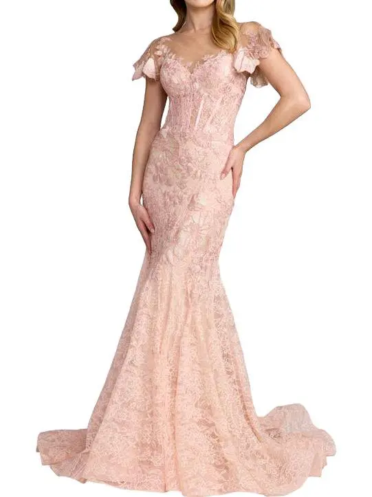 Mac Duggal Embroidered Lace Trumpet Gown With Flutter Sleeves - Blush