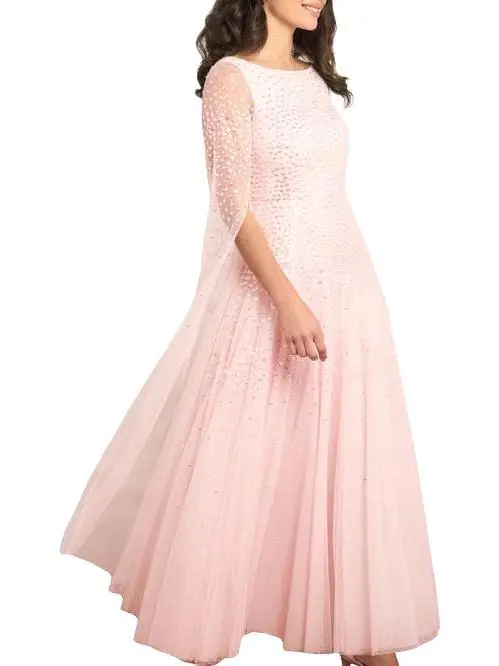 NEEDLE & THREAD Sequin Cape Sleeve Ankle Gown - Peony Pink