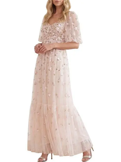 NEEDLE & THREAD Meadow Ditsy Sweetheart Ankle Gown - Cream/peach