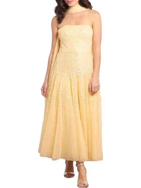 NEEDLE & THREAD Sunrise Sequin Strapless Cape Ballerina Dress - Citron