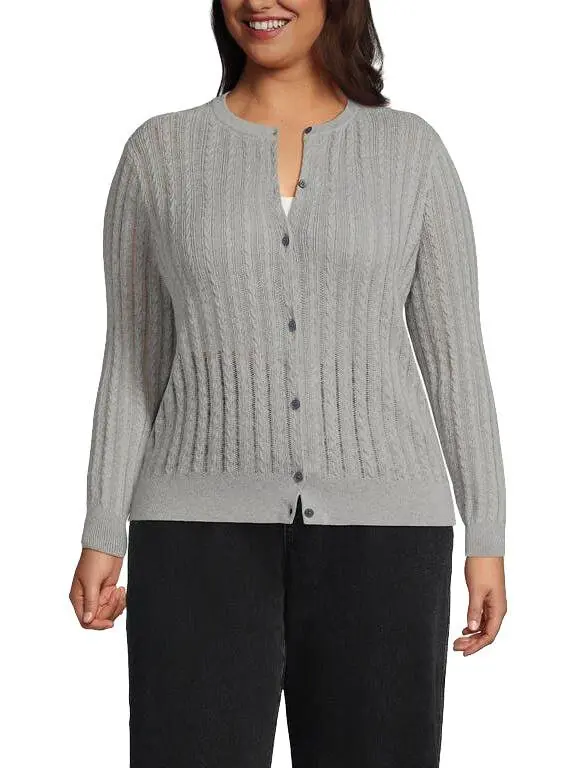 LANDS' END Cotton Pointelle Cardigan Sweater - Gray Heather