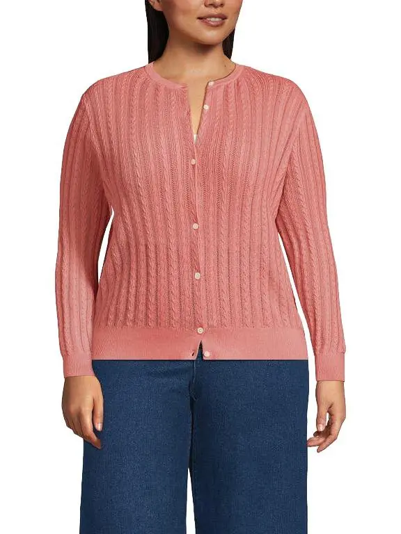 LANDS' END Cotton Pointelle Cardigan Sweater - Sunset Coral Pink