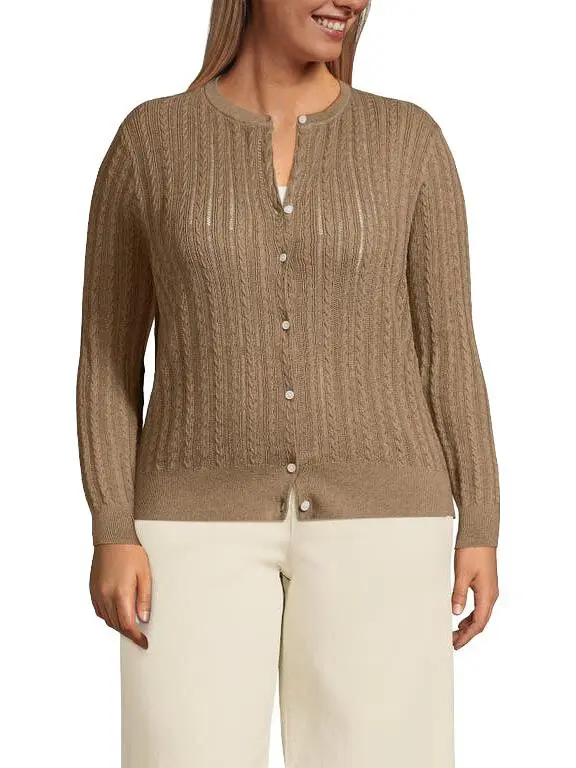 LANDS' END Cotton Pointelle Cardigan Sweater - Vicuna Heather