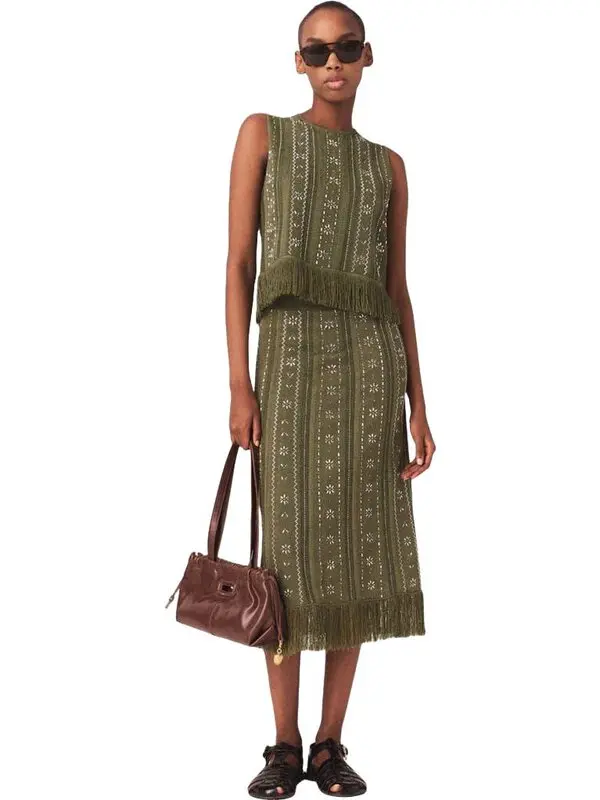 Maje Knit Skirt With Rhinestone Flowers - Khaki
