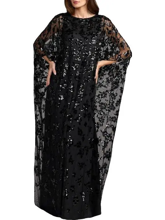 Mac Duggal Sequin Floral Cape Sleeve Caftan Gown - Black