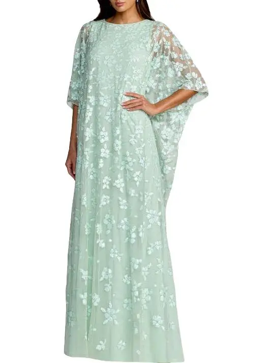 Mac Duggal Sequin Floral Cape Sleeve Caftan Gown - Seafoam