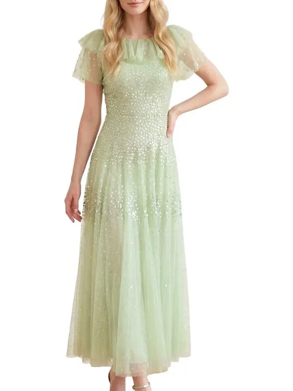 NEEDLE & THREAD Sunrise Sequin Short Sleeve Ankle Gown - Peppermint