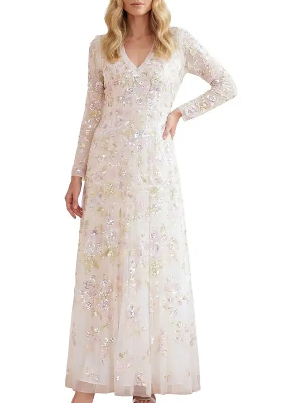 NEEDLE & THREAD Sequin Paradise V-neck Gown - Swan White/multi