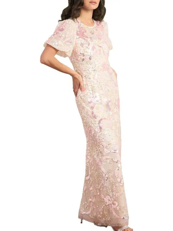 NEEDLE & THREAD Dancing Ribbon Sequin Gown - Cream/multi