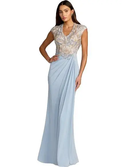 Mac Duggal Jersey Beaded Embroidered V-neck Gown - French Blue