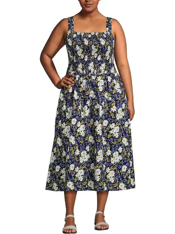 LANDS' END Poplin Smocked Bodice Midi Dress - Deep Sea Spring Floral