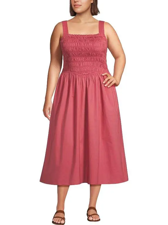 LANDS' END Poplin Smocked Bodice Midi Dress - Soft Mojave Rose
