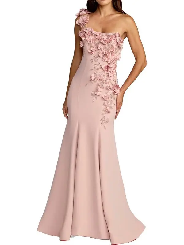 Mac Duggal Crepe One Shoulder Floral Embellished Mermaid Gown - Mauve