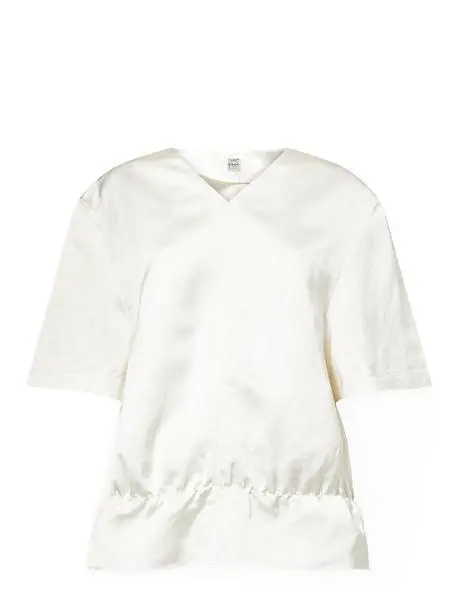 TOTEME Raw-hem V-neck Satin Pullover Top - White