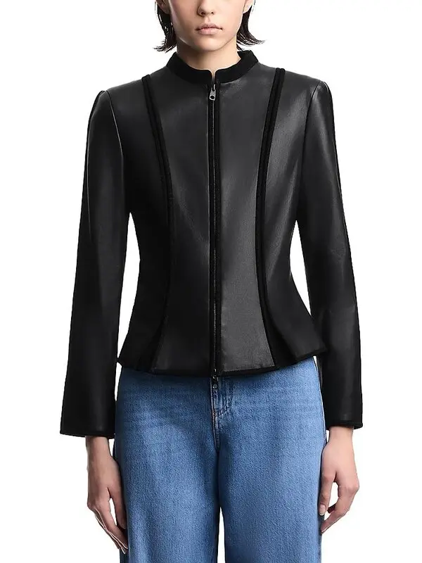 Emporio Armani Glove Nappa Leather & Suede Piping Zip-up Jacket - Black