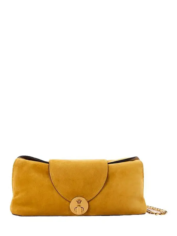 Versace Suede Clutch With Gold Tone Clasp - Mustard/gold