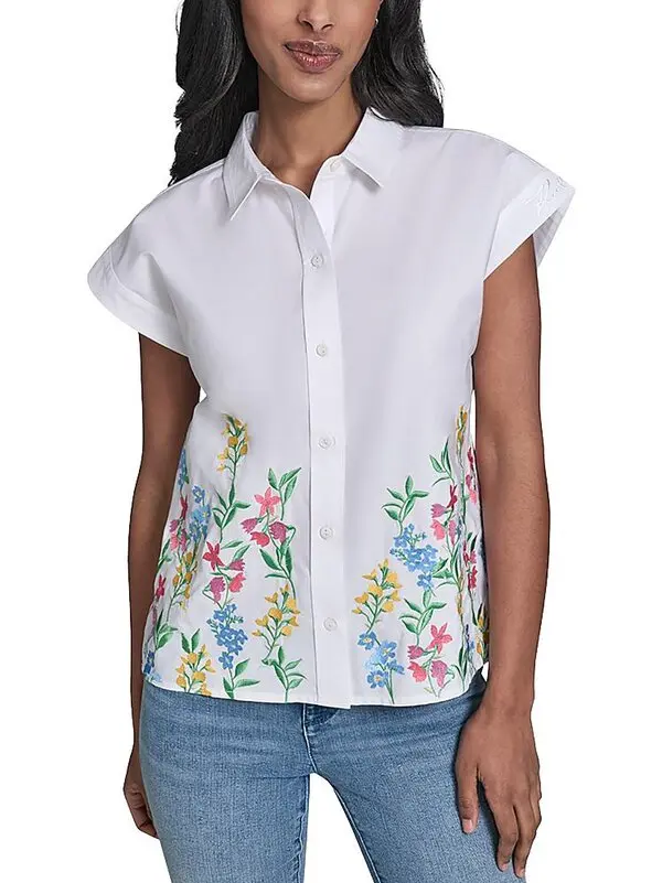 Karl Lagerfeld Paris Floral Embroidered Button-down Shirt - White