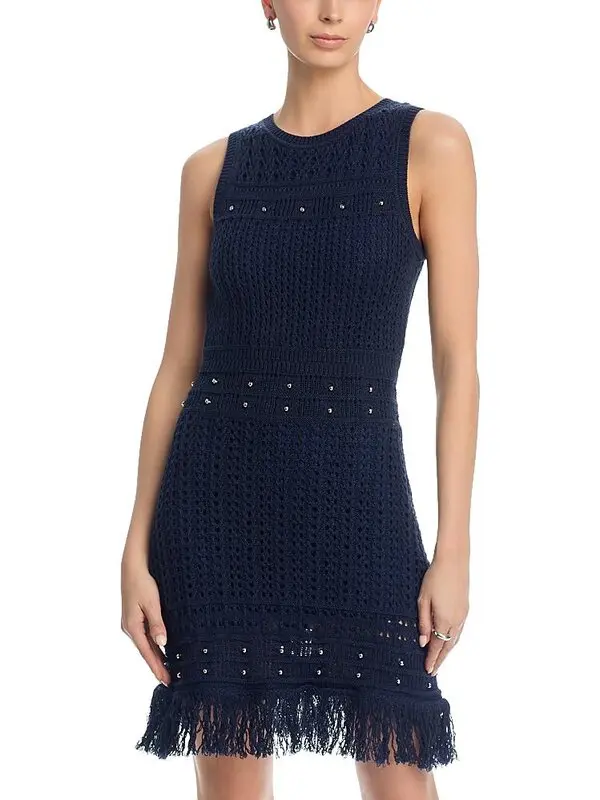 MILLY Beaded Fringe Knit Shell Dress - Navy