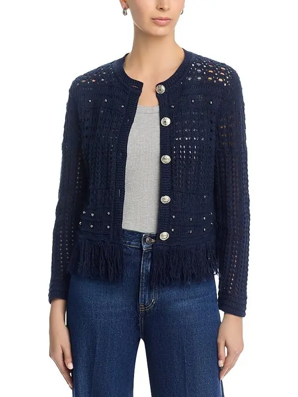 MILLY Beaded Fringe Crewneck Cardigan - Navy