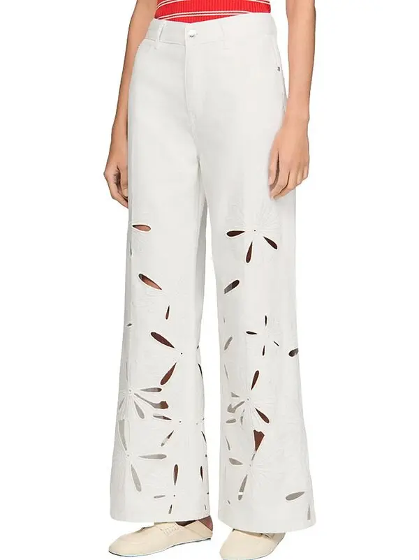 Sandro Flo High-rise Wide-leg Embroidered Pants - White