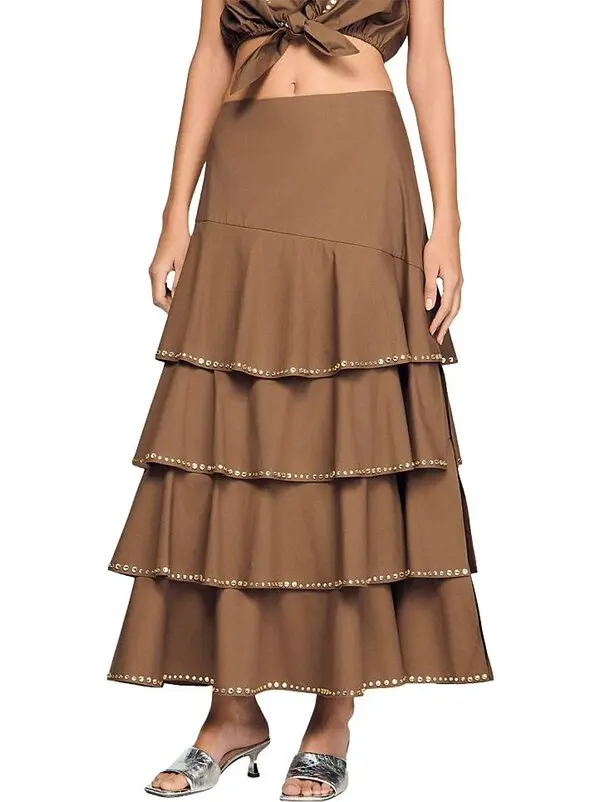 Sandro Telia Long Ruffled Rhinestone Skirt - Brown