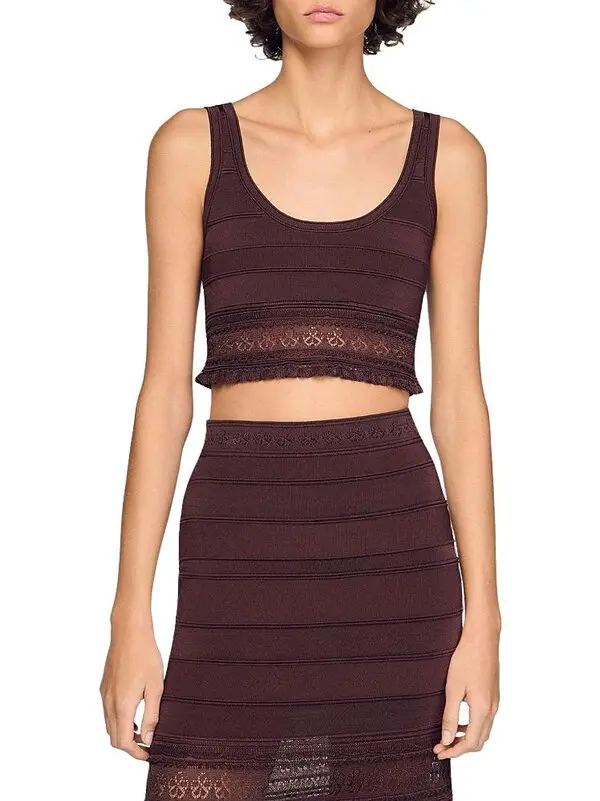 Sandro Pointelle Knit Crop Top - Brown