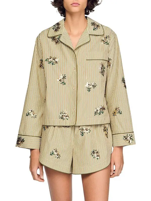 Sandro Nilla Embroidered Striped Shirt - Olive Green