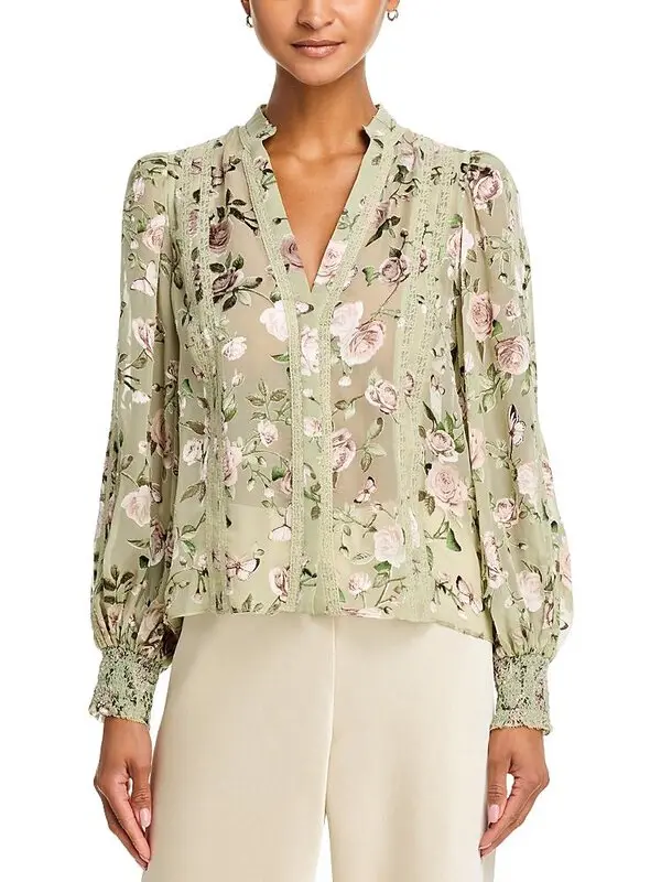 Alice + Olivia Arlette Lace Trim Floral Blouse - Garden Gossip Light Sage