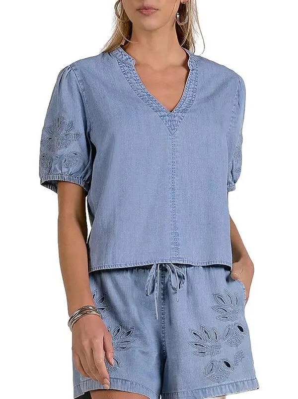 Elan Chambray Split Neck Top - Denim