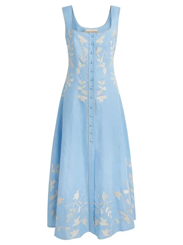 Lug Von Siga Linen Embroidered Mila Midi Dress - Blue
