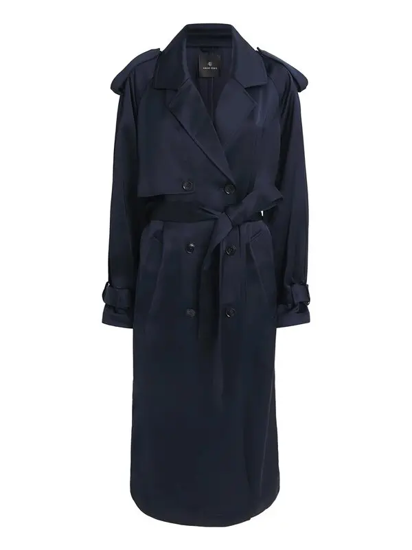 ANINE BING Satin Rickie Maxi Trench Coat - Navy