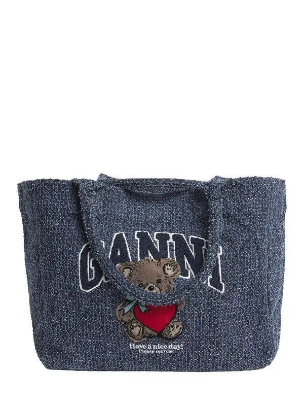 GANNI Medium Tweed Bear Tote Bag - Blue