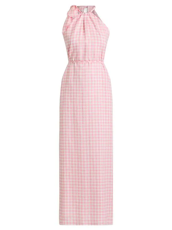 Scanlan Theodore Gingham Tie Neck Linen Dress - Pink.white