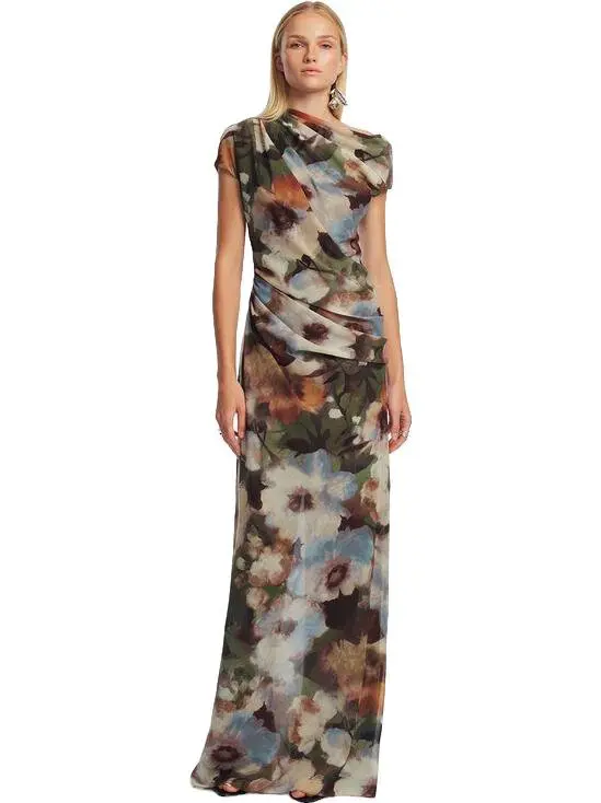 Lela Rose Printed Chiffon Draped Column Gown - Floral