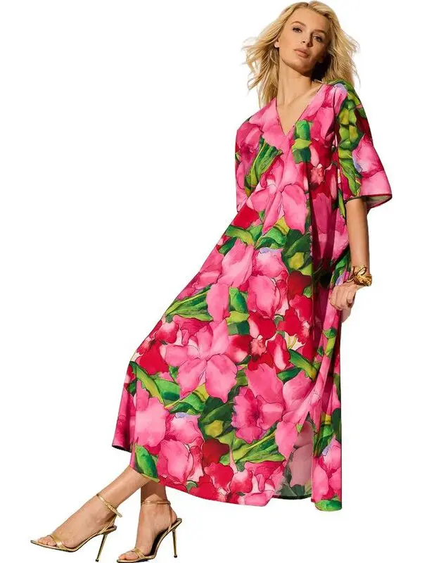 Natori Isla Printed Satin V-neck Caftan - Pink