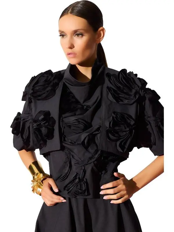 Natori Tech Cotton Taffeta Embroidered Bolero - Black