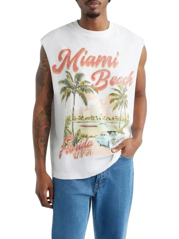 ID SUPPLY CO Miami Beach Graphic Cotton Muscle Tank - White