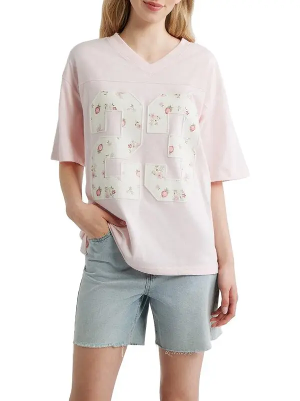 VINYL ICONS Floral Appliqué Cotton Blend T-shirt - Pink