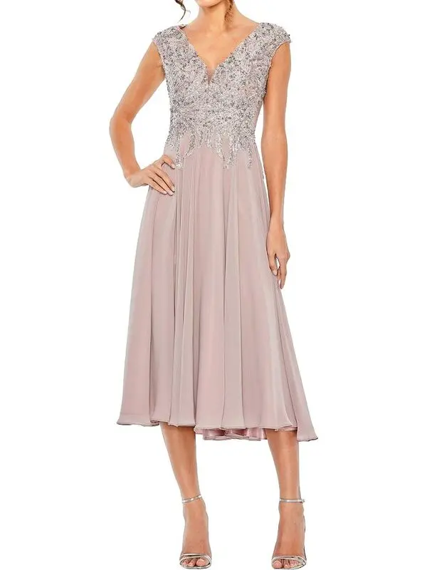 Mac Duggal Embroidered Beaded Midi Dress With Cap Sleeves - Vintage Lilac