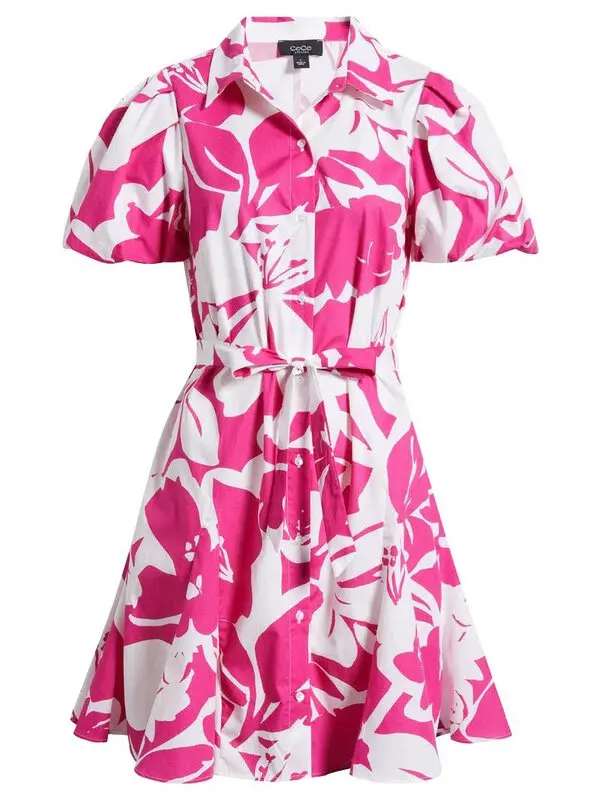 CECE DUPRAZ Floral Short Sleeve Cotton Mini Shirtdress - Pink Multi