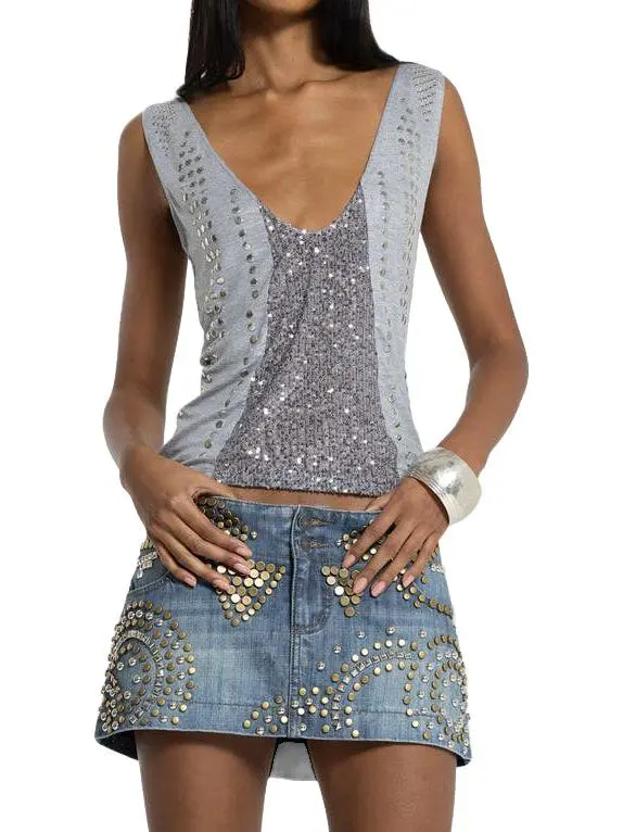 JADED LONDON Studded Sequin Plunge Neck Tank - Grey
