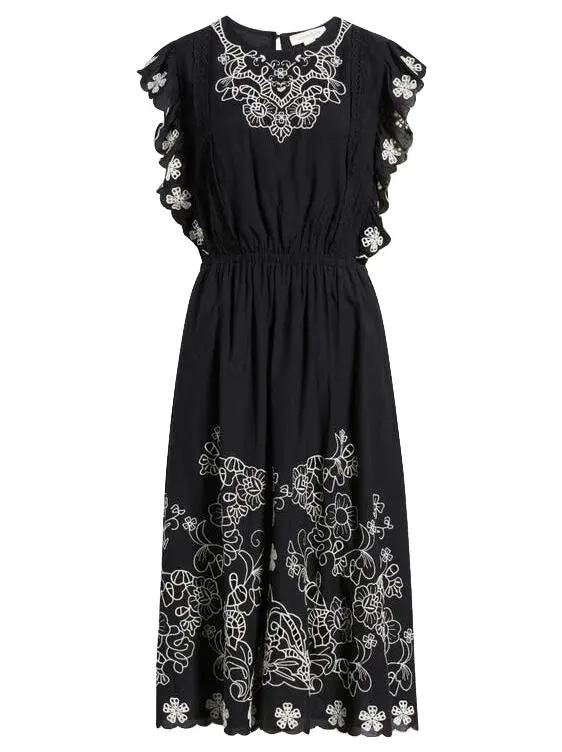 Treasure & Bond Floral Embroidered Flutter Sleeve Midi Dress - Black