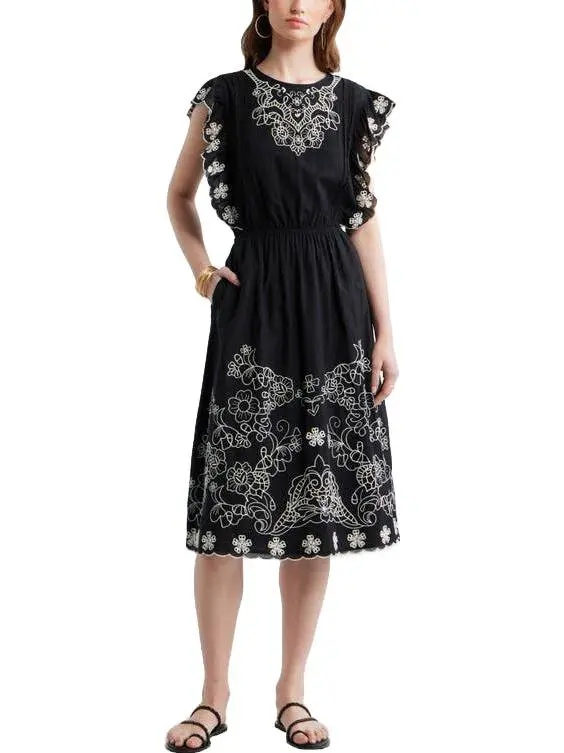 Treasure & Bond Floral Embroidered Flutter Sleeve Midi Dress - Black