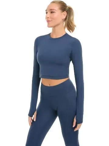 BLOQUV Upf 50+ Long Sleeve Crop Top - Midnight Blue