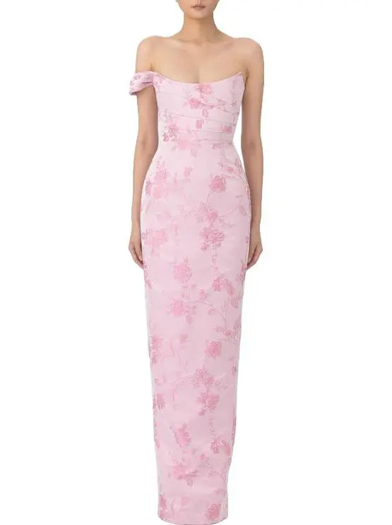 SAU LEE Metallic Floral Brocade Strapless Gown - Pink Rococo