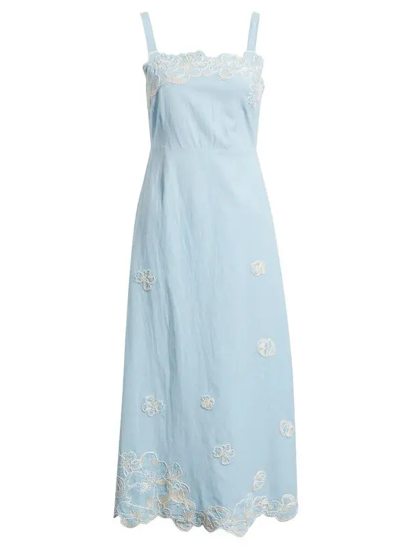 CLEOBELLA Placed Floral Embroidery Cotton & Linen Chambray Sundress - Glacier Lake