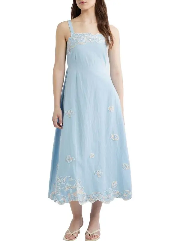CLEOBELLA Floral Embroidery Cotton & Linen Chambray Sundress - Glacier Lake