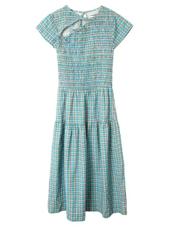 DAMSON MADDER Ebba Plaid Cutout Detail Organic Cotton Dress - Teal Multi